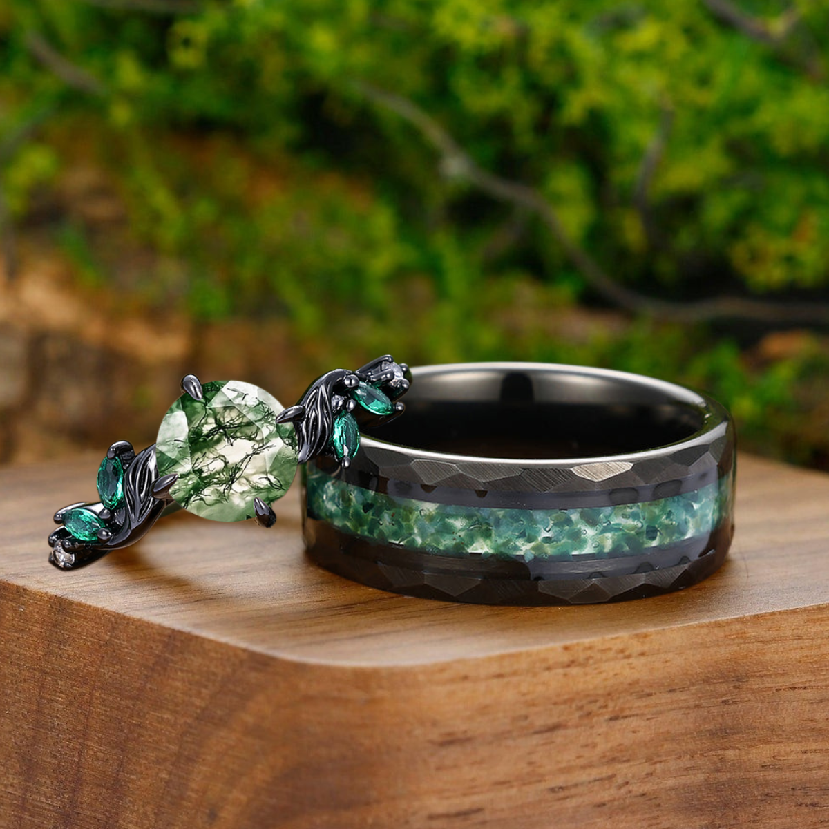 Artistic Leaf Design Moss Agate Couples Ring Set Hammered Tungsten His ...