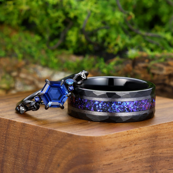 Dainty Hexagon Sapphire Rose Vine Engagement Couple Rings Black ...