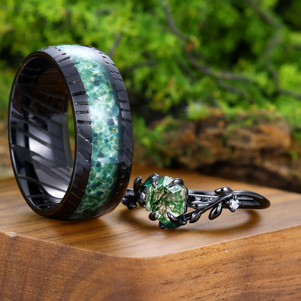 Exquisite Sprig Moss Agate Engagement Couple Rings Promise Damascus ...